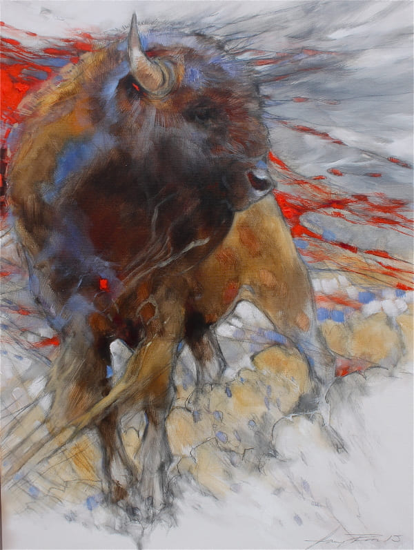 Amy Lay 40 x 30 Open Edition Giclee on Canvas:"The Crimson Bull" - Amy Lay