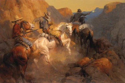 Andy Thomas Print-Signed:"Ambush on the Bandit Trail Cowboy Gunfight ...