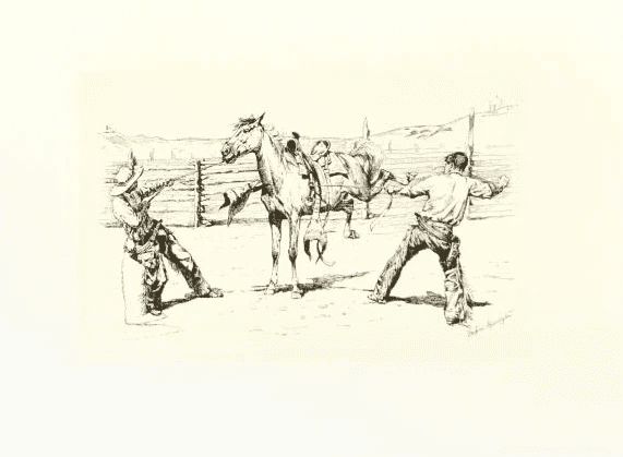 Frederic Remington (1861-1909) Etching: "Bronco Busters Saddling ...