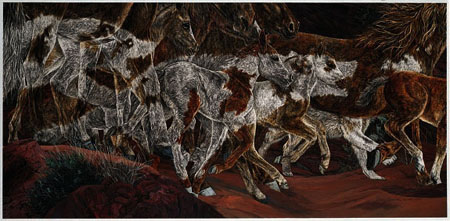 JUDY LARSON 14X29 Secondary Market Art: "THREE WOLVES" - LARSON, JUDY