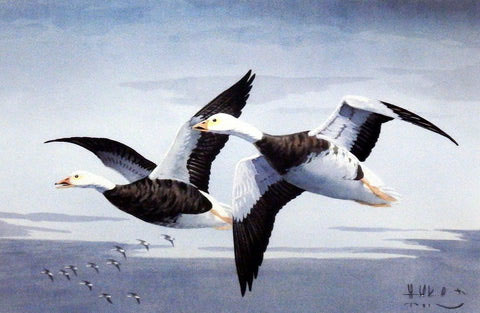 Les Kouba Print-Signed and Numbered:"Blue Geese" - Les Kouba