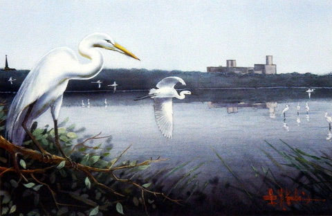 Les Kouba Print-Signed and Numbered:"Egrets at Shakopee" - Les Kouba