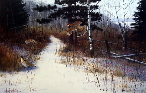 Les Kouba Print-Signed and Numbered:"Grouse Feedin" - Les Kouba