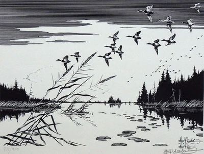 Les Kouba Print-Signed and Numbered:"Mallards Over Sara Bay" - Les Kouba