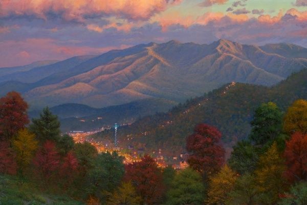 Mark Keathley Hand Signed and Numbered Limited Edition Embellished Canvas Giclee:"Gatlinburg ...