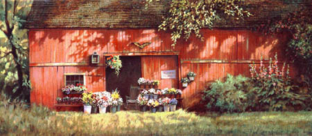 PAUL LANDRY 35X17 Secondary Market Art: "FLOWER BARN" - LANDRY, PAUL