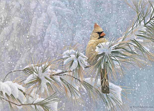 ROBERT BATEMAN 15X32 Secondary Market Art: "WINTER LADY CARDINAL ...