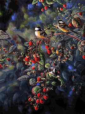 Wanda Mumm Limited Edition Print: "Red Raspberries and Chickadees ...