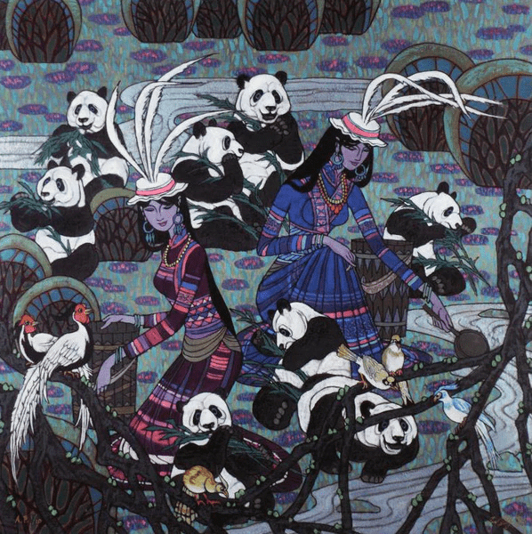 Zu Ming Ho Limited Edition Artist Proof Giclée on Canvas: "Panda Family ...