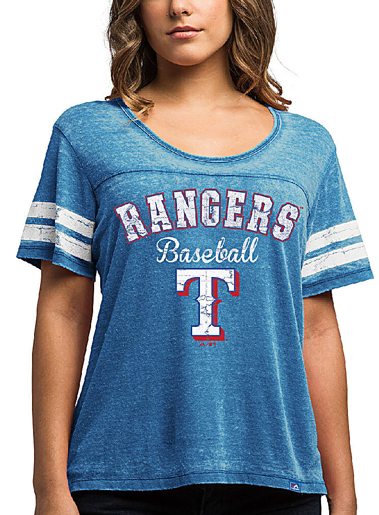 Ladies Texas Rangers Majestic Royal Heather Boxy Fit Boyfriend Loving ...