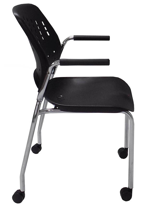 300 Lbs. Capacity Black Polypropylene Mobile Stacking Chair with Armrests