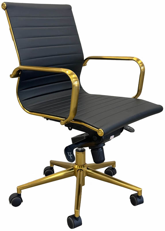 Black Leather Classic Mid Back Office Chair with Gold Frame