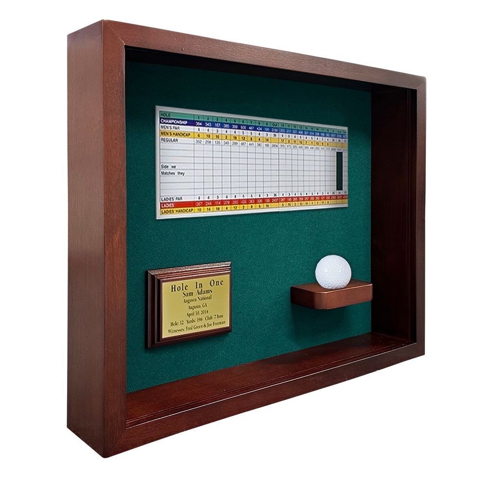 Hole-In-One Ball & Photo/Scorecard Shadow Box Display - Cherry