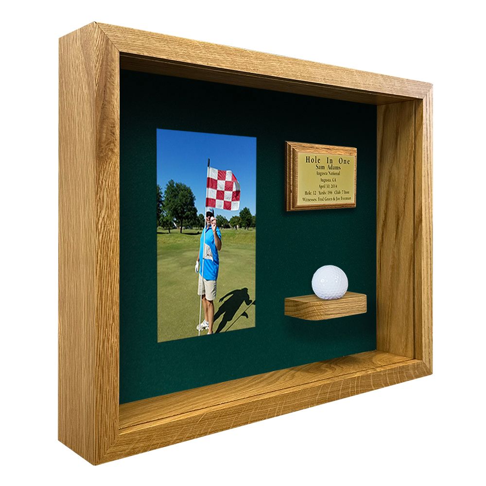 Hole In One Ball & Vertical Photo/Scorecard Shadow Box Display - Oak