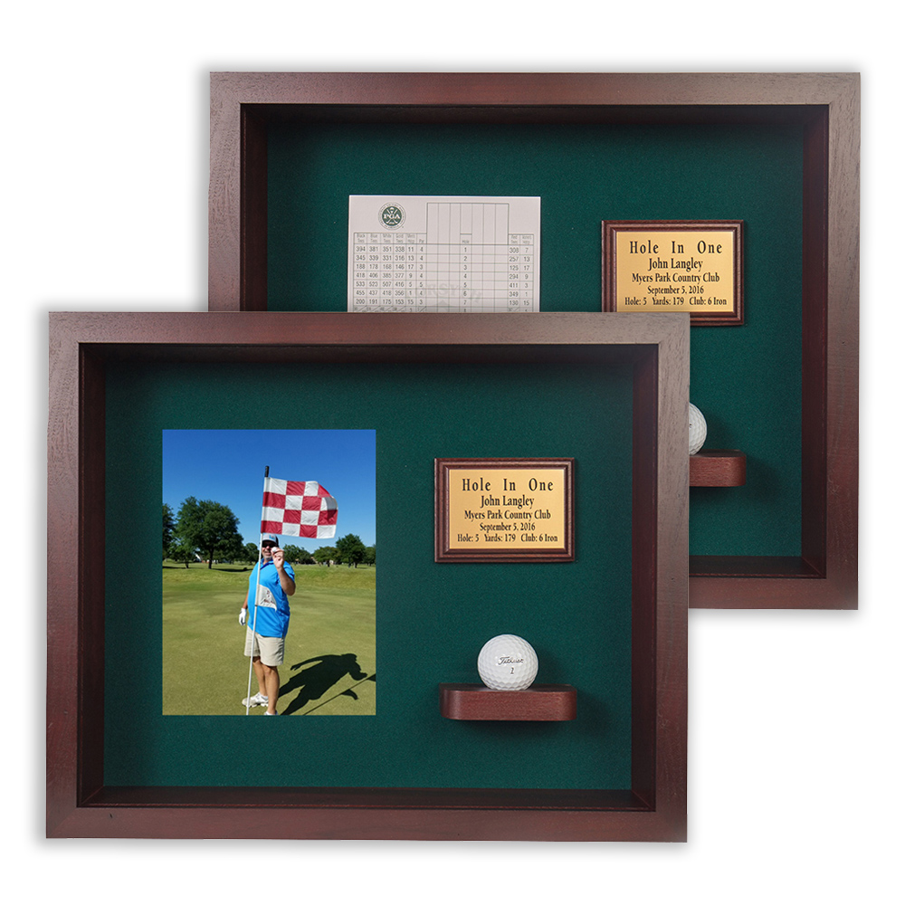 Hole In One Ball & Vertical Photo/Scorecard Shadow Box Display - Cherry