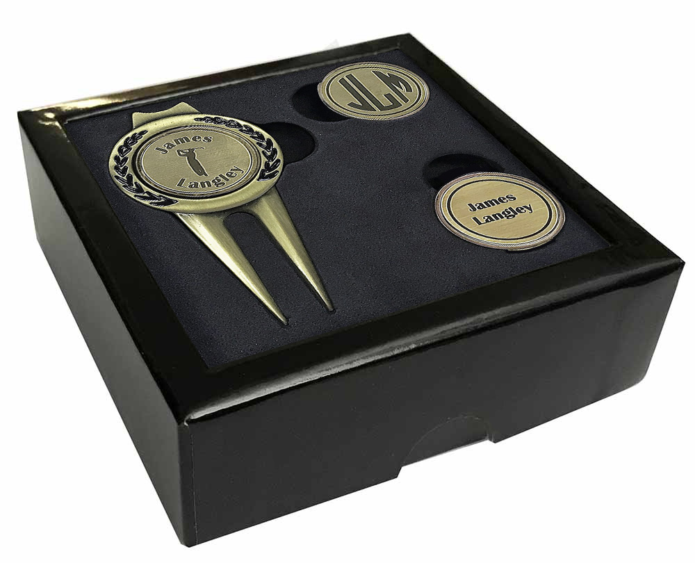 Personalized Divot Tool Golf Ball Marker Set - Brass