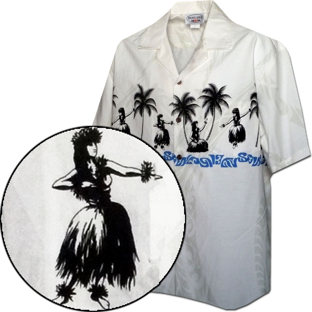 Hula Girls Dancing Chest Border Aloha Shirt White