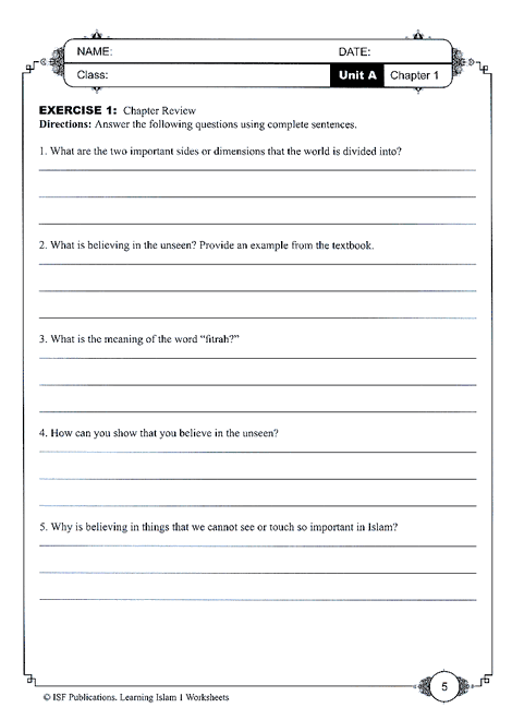 Learning Islam 1 Worksheets Level 1 (6th Grade)