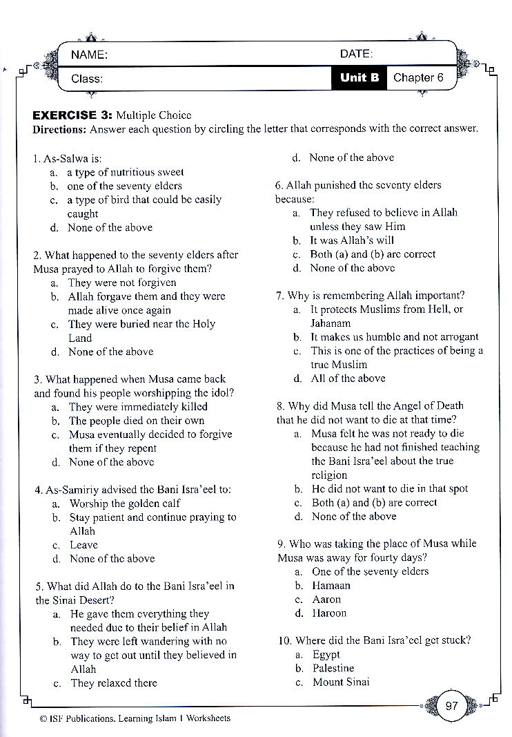 Learning Islam 1 Worksheets Level 1 (6th Grade)