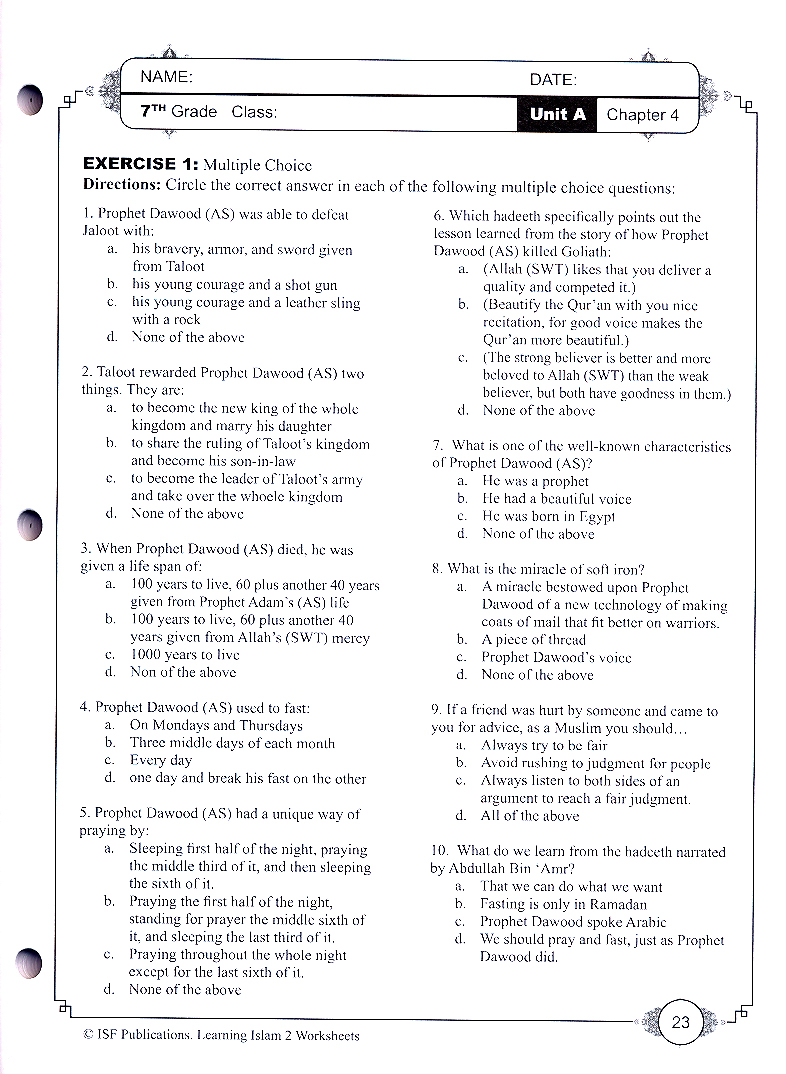 Learning Islam Worksheets Level 2 (7th Grade) ISF