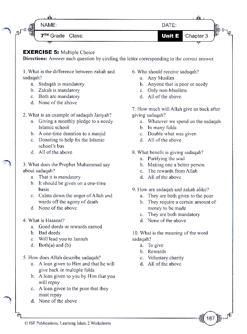 Learning Islam Worksheets Level 2 (7th Grade) ISF