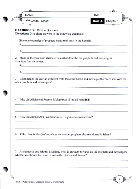 Learning Islam Worksheets Level 2 (7th Grade) ISF