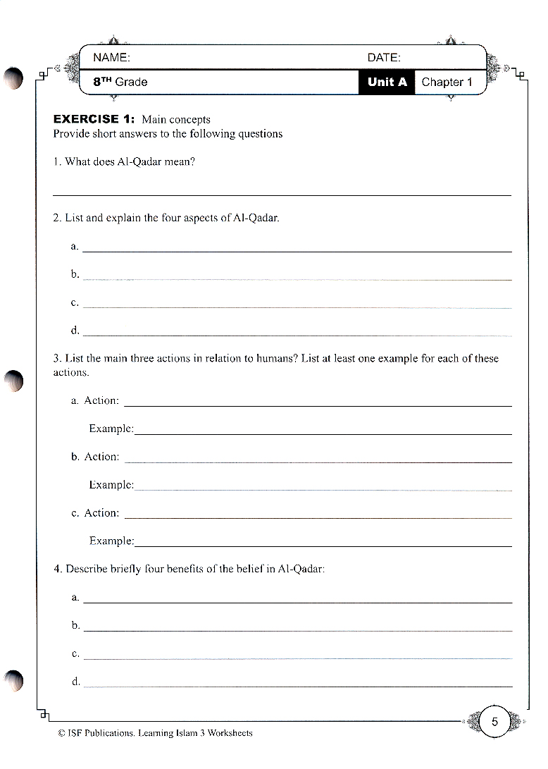 Learning Islam Worksheets Level 3 (8th Grade)