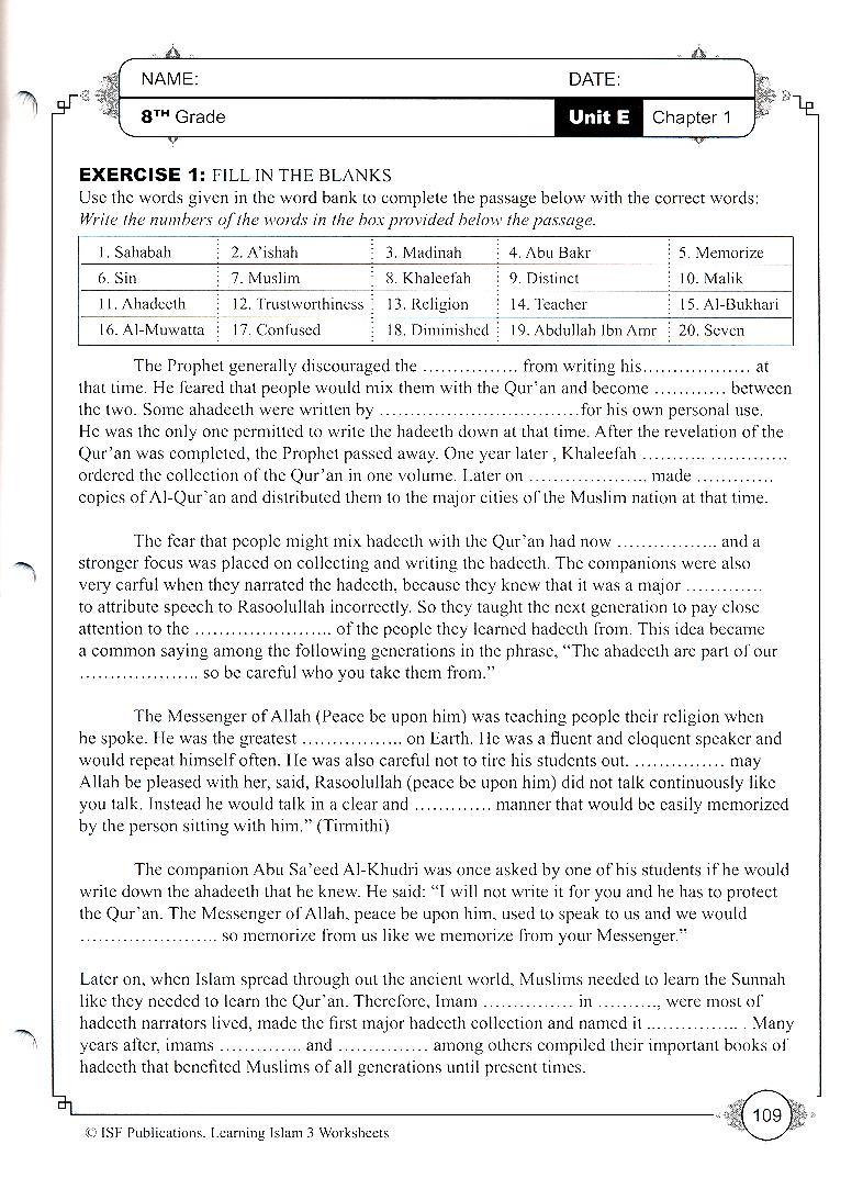 Learning Islam Worksheets Level 3 (8th Grade)