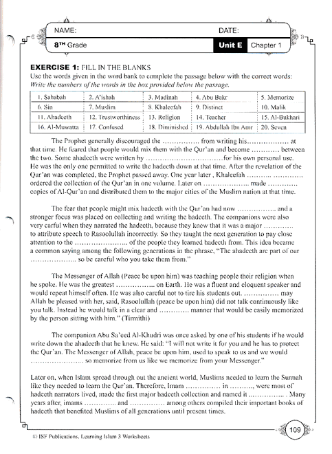 Learning Islam Worksheets Level 3 (8th Grade)