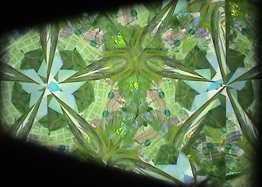 Stained Glass Kaleidoscope, "Peridot" 2020 By Artist Sue Rioux.