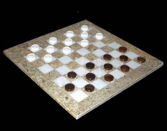 Fossil Marble Checkers Set with Brown & White Alabaster Stone Checkers ...