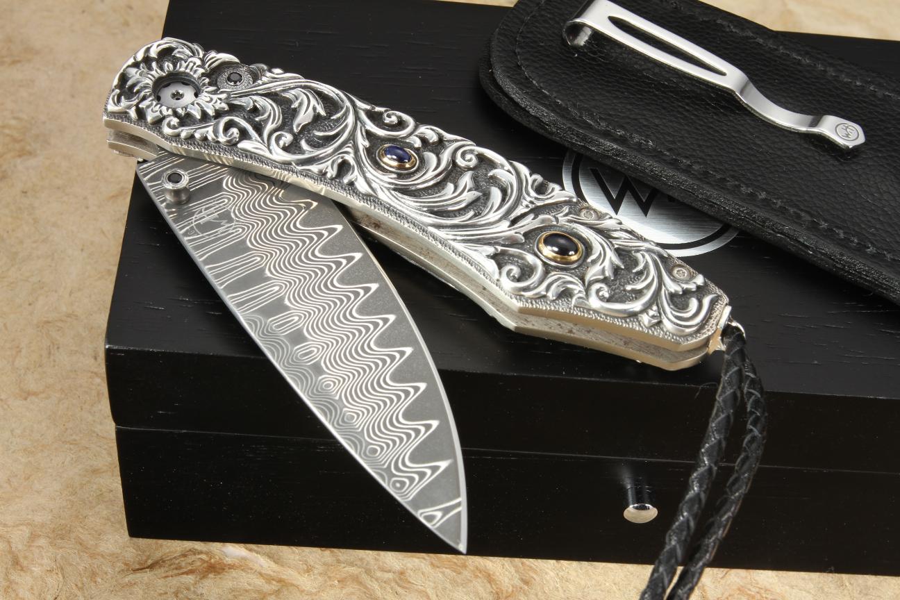 William Henry B12 Radiance - Wave Damascus - Carved Silver and Sapphires + Free Shipping