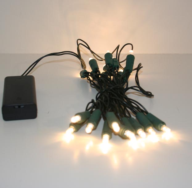 LED Battery Lights - 20-Light, Green Wire w/ Warm White LED Lights
