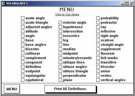 Vocabulary menu helps you find definitions quickly!