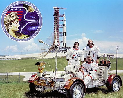 Apollo 17 Crew with Moon Rover & Saturn V Photo Print for Sale