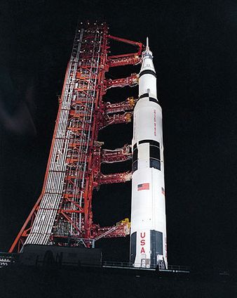 NASA Apollo 13 Saturn V Rocket at Night Photo Print for Sale