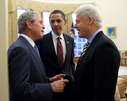 President Obama, Bush, and Clinton in Oval Office 2010 Photo Print for Sale