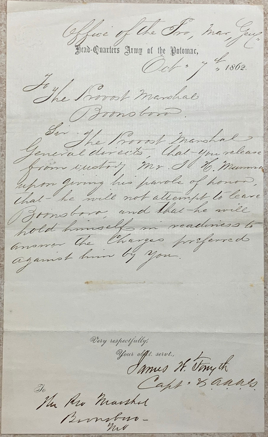 1862 AOP Document signed by (General) James Forsyth- Sheridan's Staff ...