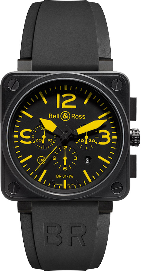 Bell & Ross BR-01-94-Yellow Mens Automatic Chronograph Watch Black Dial ...
