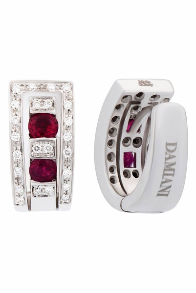 20000851 Damiani 18k White Gold Diamond Ruby Hoop Women's Earrings