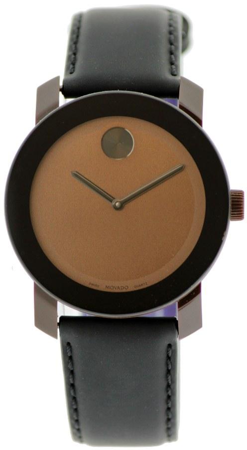 3600090 Movado Brown Dial PVD Steel Case Black Leather Strap Quartz Watch