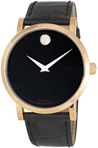 0606134 Movado Mens Red Label Black Dial Rose Gold Case Band Automatic ...