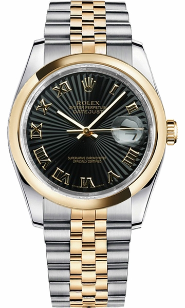 116203 Rolex Datejust 36 Black Sunbeam Roman Dial Watch