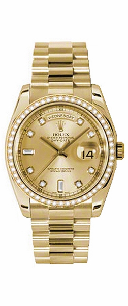 118348 Rolex Day Date Gold Watch Champagne Diamond Dial Automatic N.I.B ...