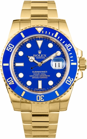 16618 Rolex Submariner Blue Dial Mens 18K Gold Watch