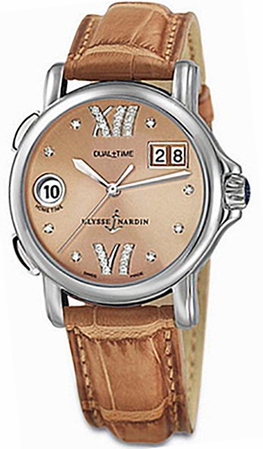 223-22/30-09 Ulysse Nardin Dual Time Ladies Brown Diamond Dial Ladies Automatic Watch.