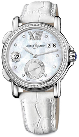 243-22B/391 Ulysse Nardin Dual Time Ladies White MOP Diamond Dial Automatic Watch.