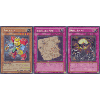 DPK 3 Yugioh GX Holofoil Card Set - Blockman, Treasure Map and Hero Spirit
