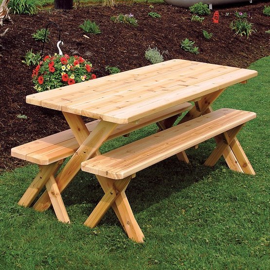 Cedar Wood Cross-Legged Table with Two Benches
