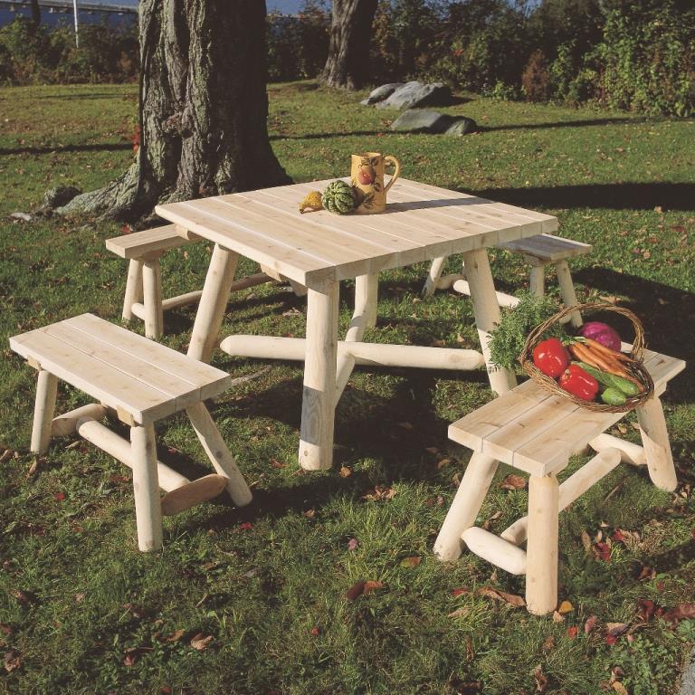 Square Cedar Wood Log-Style Table and Four-Bench Set